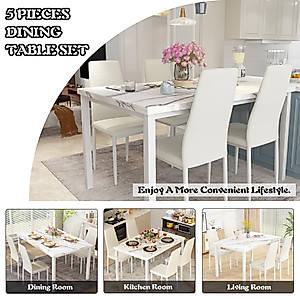 DKLGG Dining Table Set for 4, 5 Piece Kitchen Table Set with PU Leather Chairs Space-Saving Faux Marble Dining Room Table Set for 4 for Small Home Kitchen, Apartment