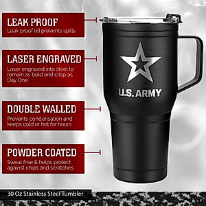 Military Veteran Products 30 Oz US ARMY Black Double Wall Vacuum Insulated Stainless Steel Army Tumbler with Handle | Travel Mug with Leakproof Lid