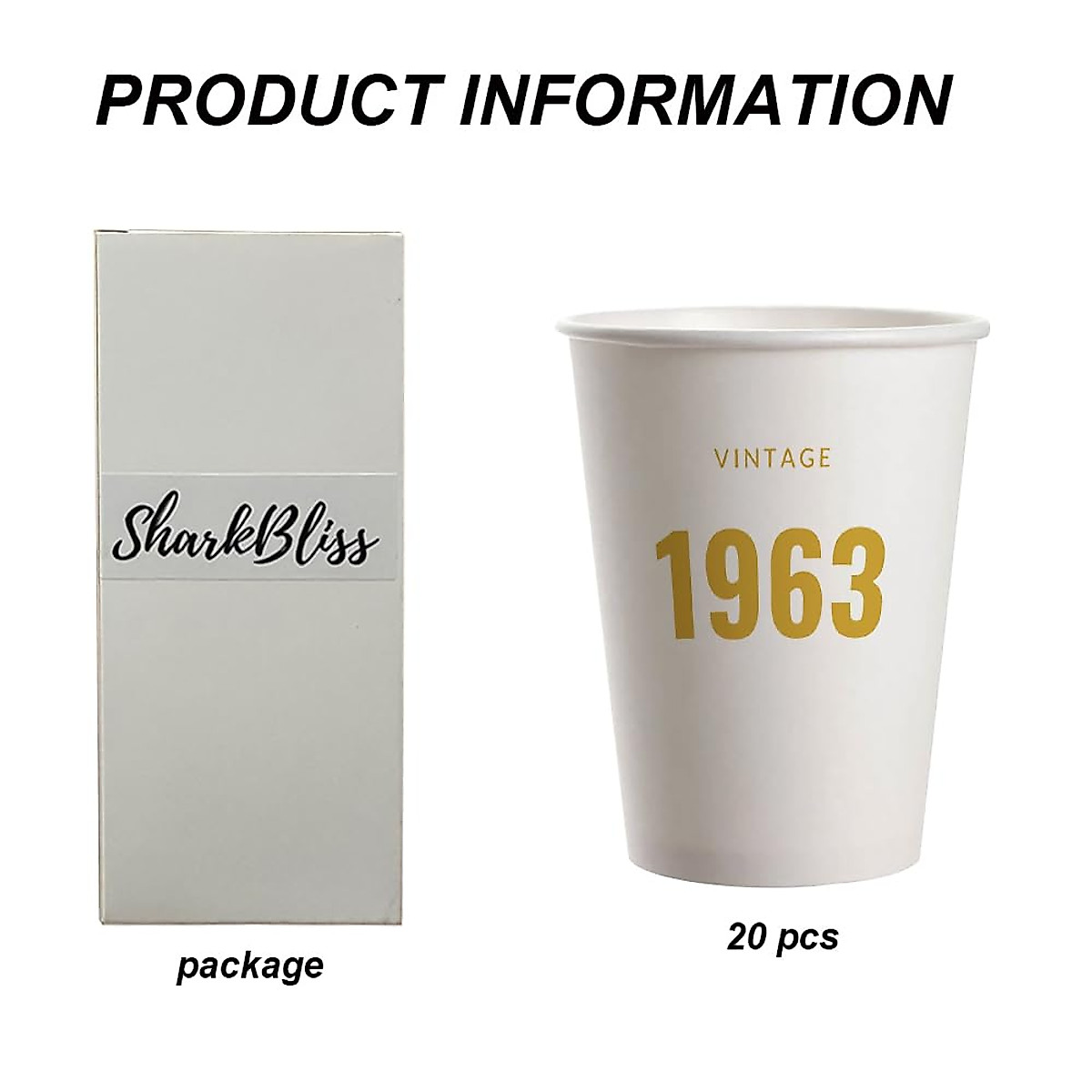 SharkBliss Vintage 1963 60th Birthday Party Cups, 20 Pack 9oz Gold Vintage 1963 60th Birthday Disposable Paper Cups for His Her Sixty 60th Birthday (Vintage 1963)