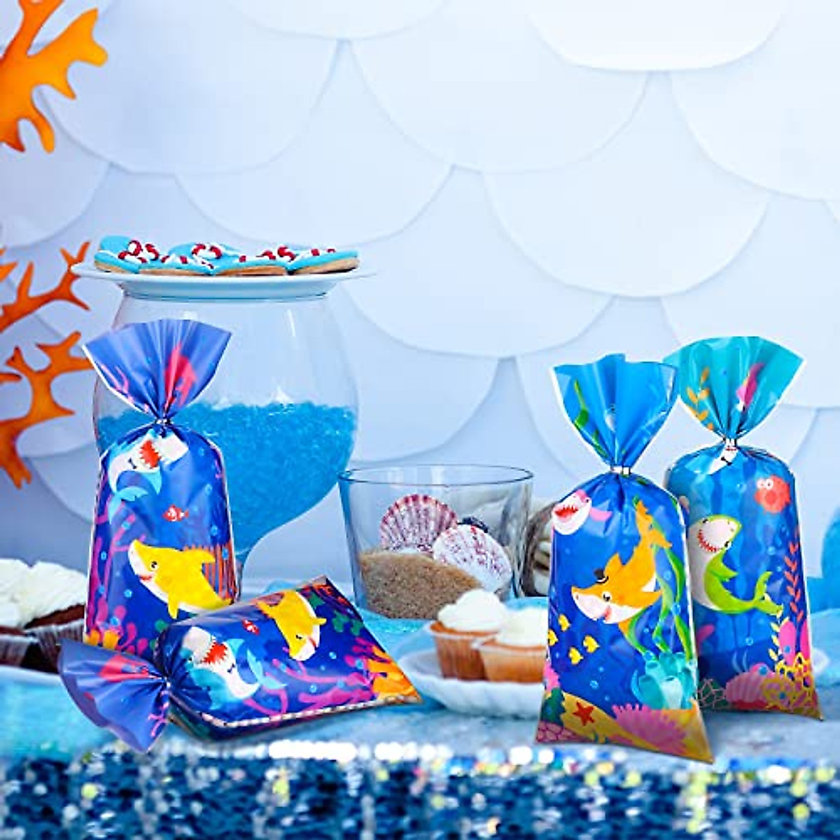 100 Pcs Shark Candy Bags Cute Blue Shark Cellophane Bags Blue Shark Gift Treat Bags Plastic Goodie Bags with 150 Ties Shark Birthday Party Decorations Favors for Boys Shark Themed Baby Shower Party