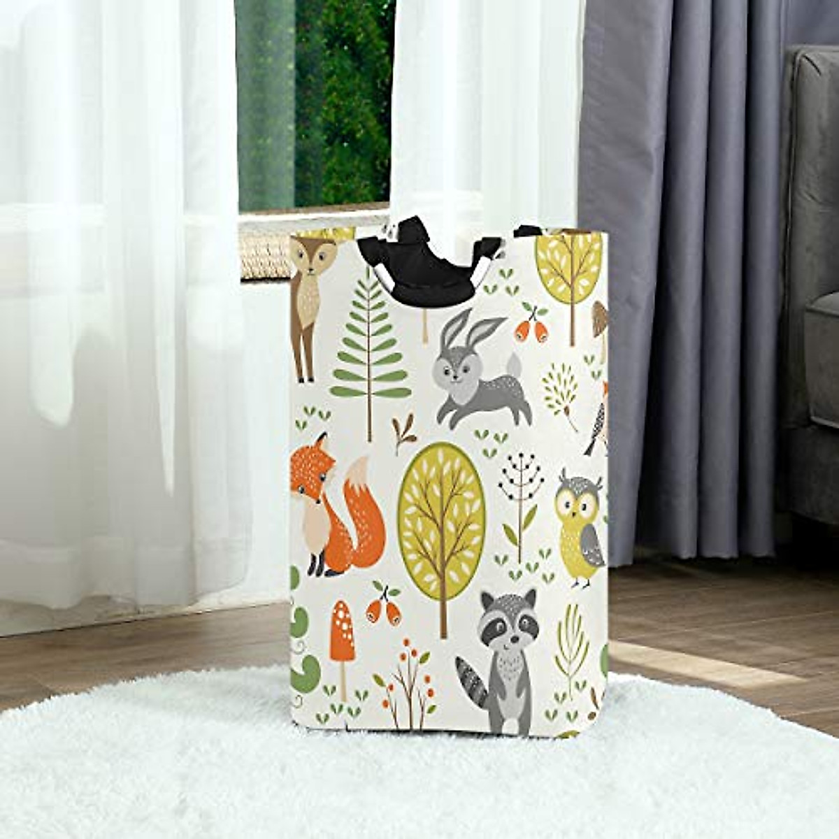 Laundry Hamper Bucket Cute Woodland Animals Trees Mushrooms Berries Collapses Laundry Basket Washing Bin for Home Organizer Nursery Storage Baby Hamper Kids Room