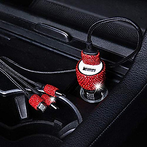 Bling Car Charger Accessories Set,Rhinestone Dual USB Car Chargers + Bling 3 in1 Nylon Braided Charging Cable,Bling Crystal Decoration Car Accessories Kits for Girl and Women (Red)