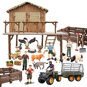 Toymany 54PCS Big Farm Animals Figurines Toy with Barn House Motorcycle Fence - Farm Tractor Figures Set with Farmers Pigs Foods, Educational Toys Christmas Birthday Gift or Kids Toddlers
