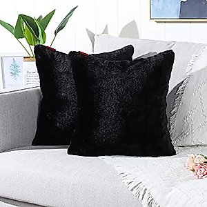 MANDIOO Pack of 2 Black Faux Fur Fuzzy Cozy Soft Decorative Throw Pillow Covers Set Cushion Cases Pillowcases for Sofa Bedroom Car 16x16 Inches
