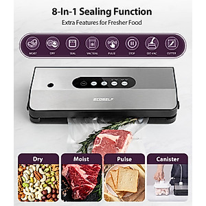 Vacuum Sealer Machine, with 8-in-1 Function& Detachable Tray& Cutter& 10 Bags, Food Vacuum Sealer Saver Machine for Food Storage & Sous Vide,Automatic Sealing Machine,EXT-VAC,Stainless Steel