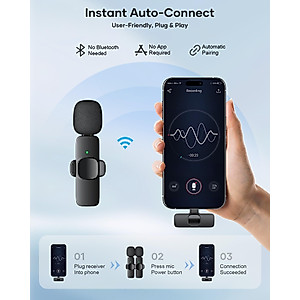KUKIHO 2 Pack Wireless Lavalier Microphone for iPhone iPad and Android Phone, Lapel Mic Plug and Play Wireless Mic Noise Reduction Microphone for Video Recording Interview Podcast Vlog YouTube Tiktok