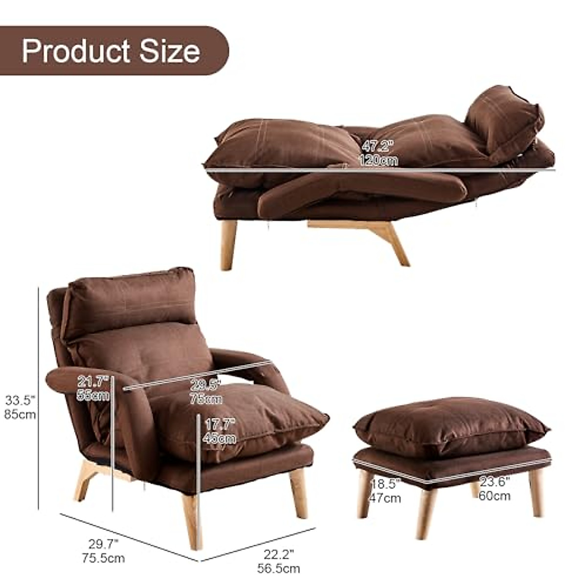 CLIPOP Modern Living Room Accent Chair with Ottoman, Comfy Linen Armchair with Adjustable Backrest(5 Angles), Solid Wood Legs, Leisure Upholstered Single Sofa Chair with Footrest, Brown