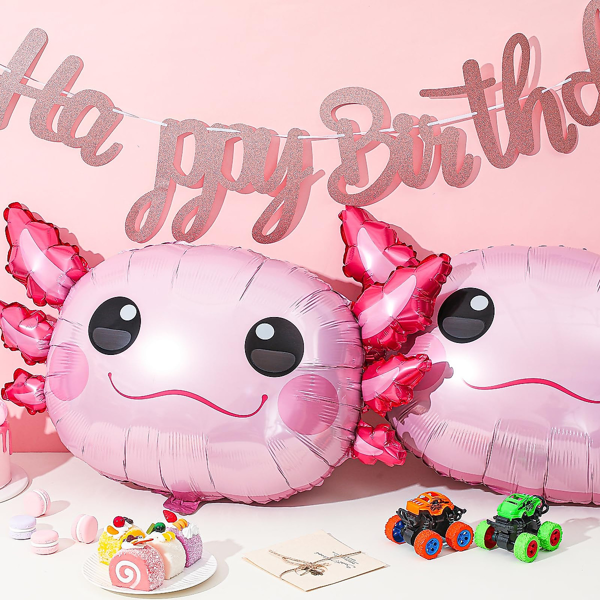 Trandraft 9 Pcs Axolotl Birthday Decorations Pink Inflatable Axolotl Party Supplies Include 4 Pcs Aluminum Foil Axolotl Balloons 4 Round Balloons and 1 Axolotl Happy Birthday Banner for Themed Party