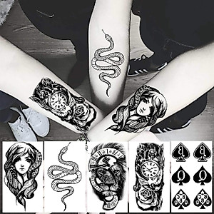 VANTATY 22 Sheets Sexy 3D Temporary Tattoos For Women Men Arm Forearm, Waterproof Fake Tattoo Stickers For Adults Realistic Tiger Lion, Halloween Skeleton Rose Flower Tatoos Warrior Anchor Compass