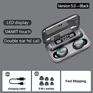 VALDUS TWS Wireless F9-5.1 (2022) Earbuds Bluetooth HiFi Stereo Headset Noise-Cancelling Touch Control Headphones Built-in HD Mic with Charging Case (Midnight Black)