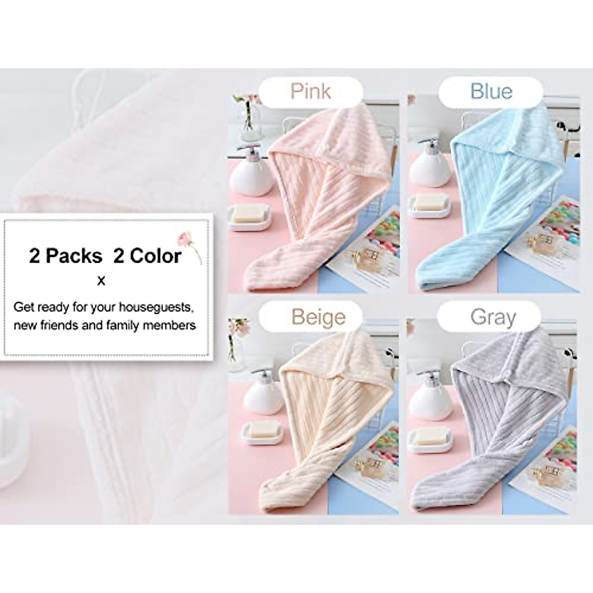 SYMGILA Microfiber Hair Towel Wrap, Hair Turbans for Wet Hair, Drying Hair Wrap Towels for Curly Hair Women Anti Frizz 2 Pack (Grey/Beige)