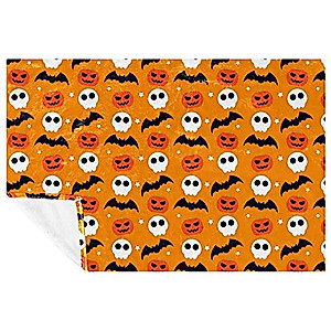 Halloween Skull Pumpkin Bat Pattern Prints Soft Warm Cozy Blanket Throw for Bed Couch Sofa Picnic Camping Beach, 150×100cm