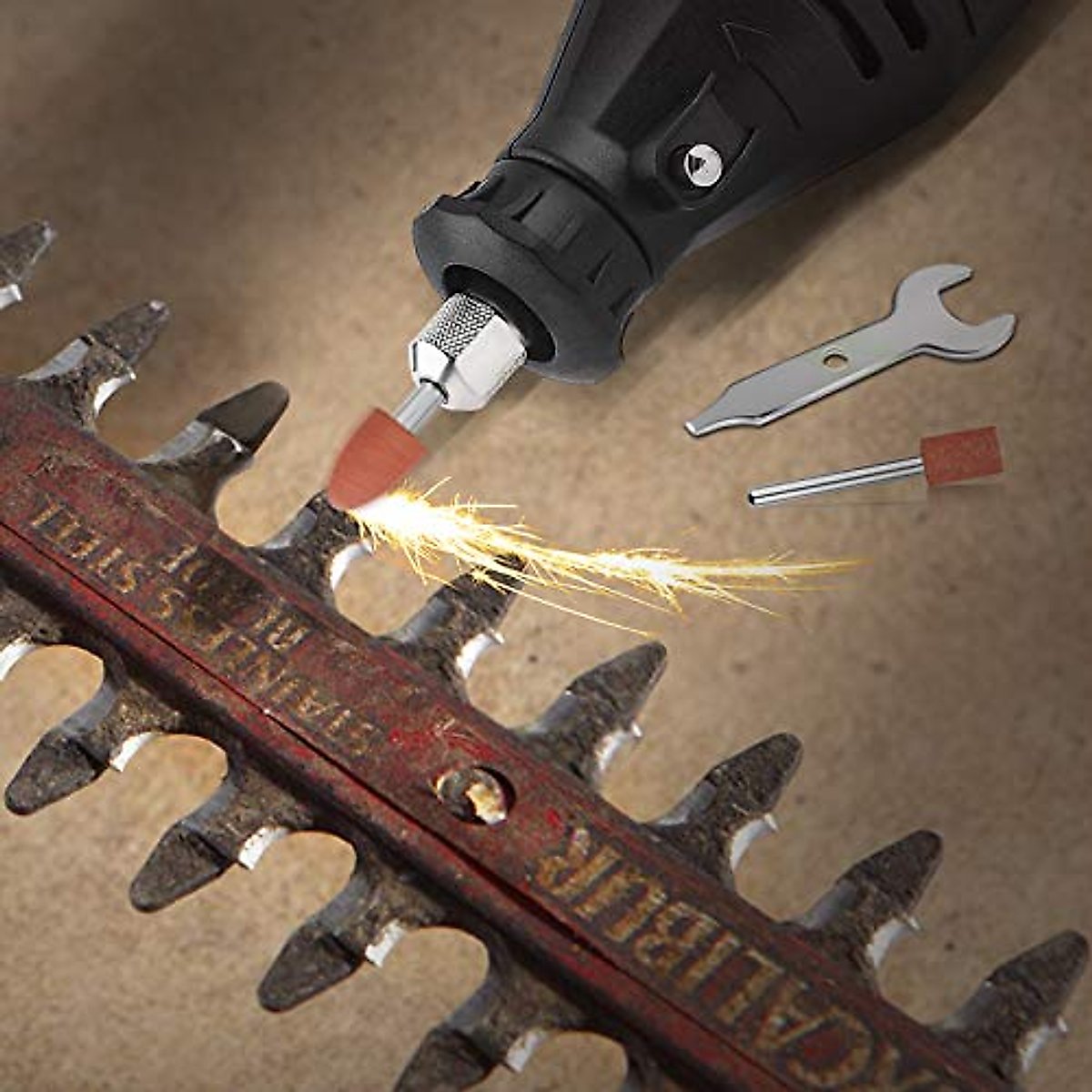 Chainsaw Sharpener Kit - GOXAWEE 140W Power Chain Saw Sharpen Tool Set, Electric Blade Sharpening File Comes with 6pcs Diamond Sharpening Wheels, Angle Guide Attachment for Lumberjack & Garden Worker