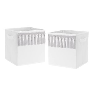 Sweet Jojo Designs Boho Bohemian Foldable Fabric Storage Cube Bins Boxes Organizer Toys Kids Baby Childrens - Set of 2 - Grey White Farmhouse Shabby Chic Designer Modern Minimalist Gray Tassel Neutral