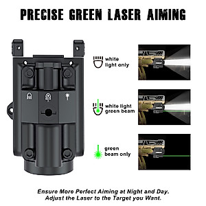 trica 800 Lumens Compact Green/Red Laser Light Combo, Compact Rechargeable Tactical Flashlight with Green Beam Quick Release Strobe Function Laser Light Combo with 1913 or GL Rail, Built-in Batter