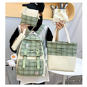 Hopecn Kawaii Plaid Backpack Combo Set 5Pcs Girls Cute Aesthetic Backpack With Canvas Crossbody Bag School Bookbag Daypack Green