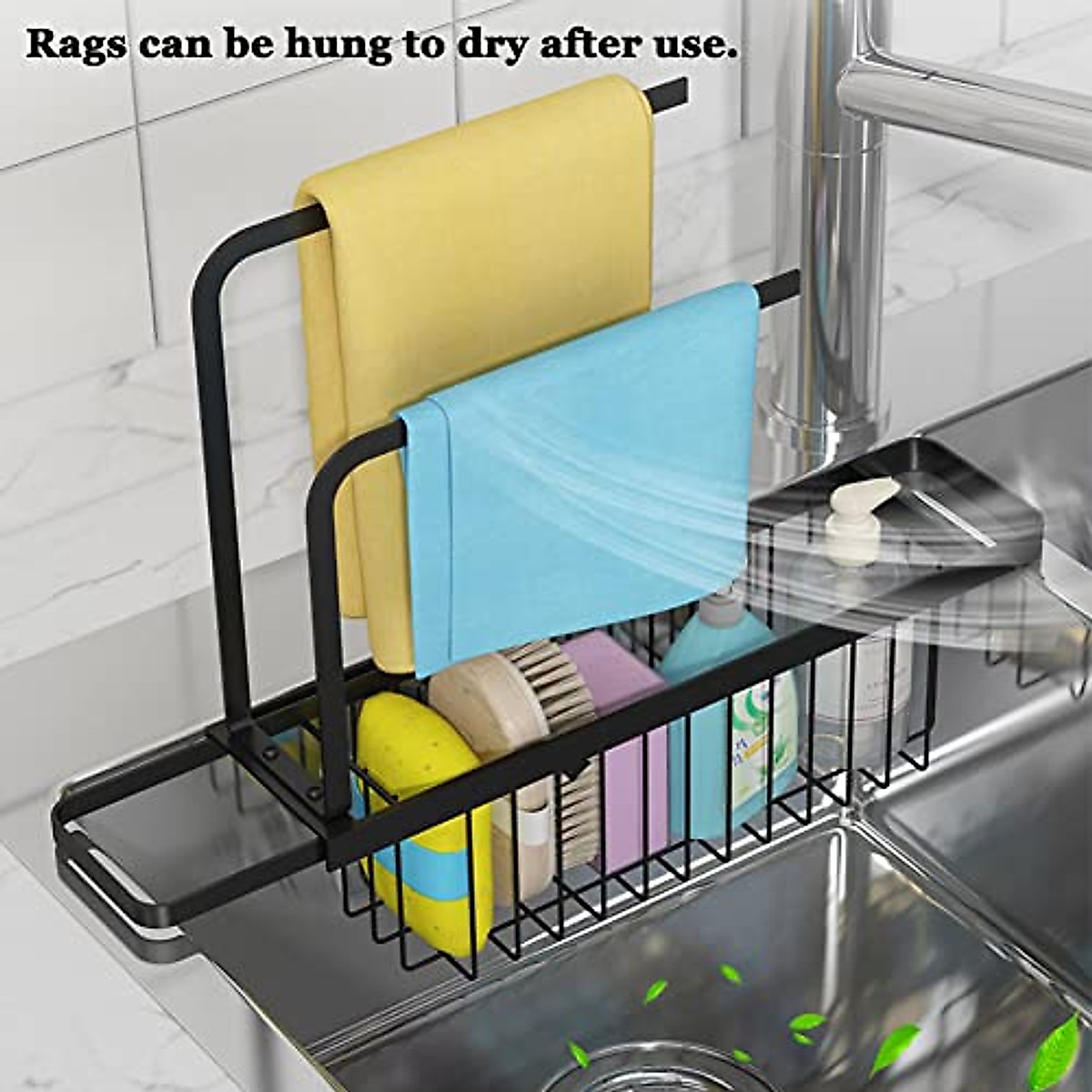 BOOMSHY Sponge Holder for Kitchen Sink Movable Sponge Holder Brush Holder Dish Cloth Hanger Hanging Sink Caddy Small in Sink Organizer Accessories Rack Basket (Black*Telescopic Style)