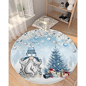 Christmas Fluffy Round Area Rug Carpets 5ft, Plush Shaggy Carpet Soft Circular Rugs, Non-Slip Fuzzy Accent Floor Mat for Living Room Bedroom Nursery Home Decor Winter Gnomes Xmas Silver Tree Pine Blue