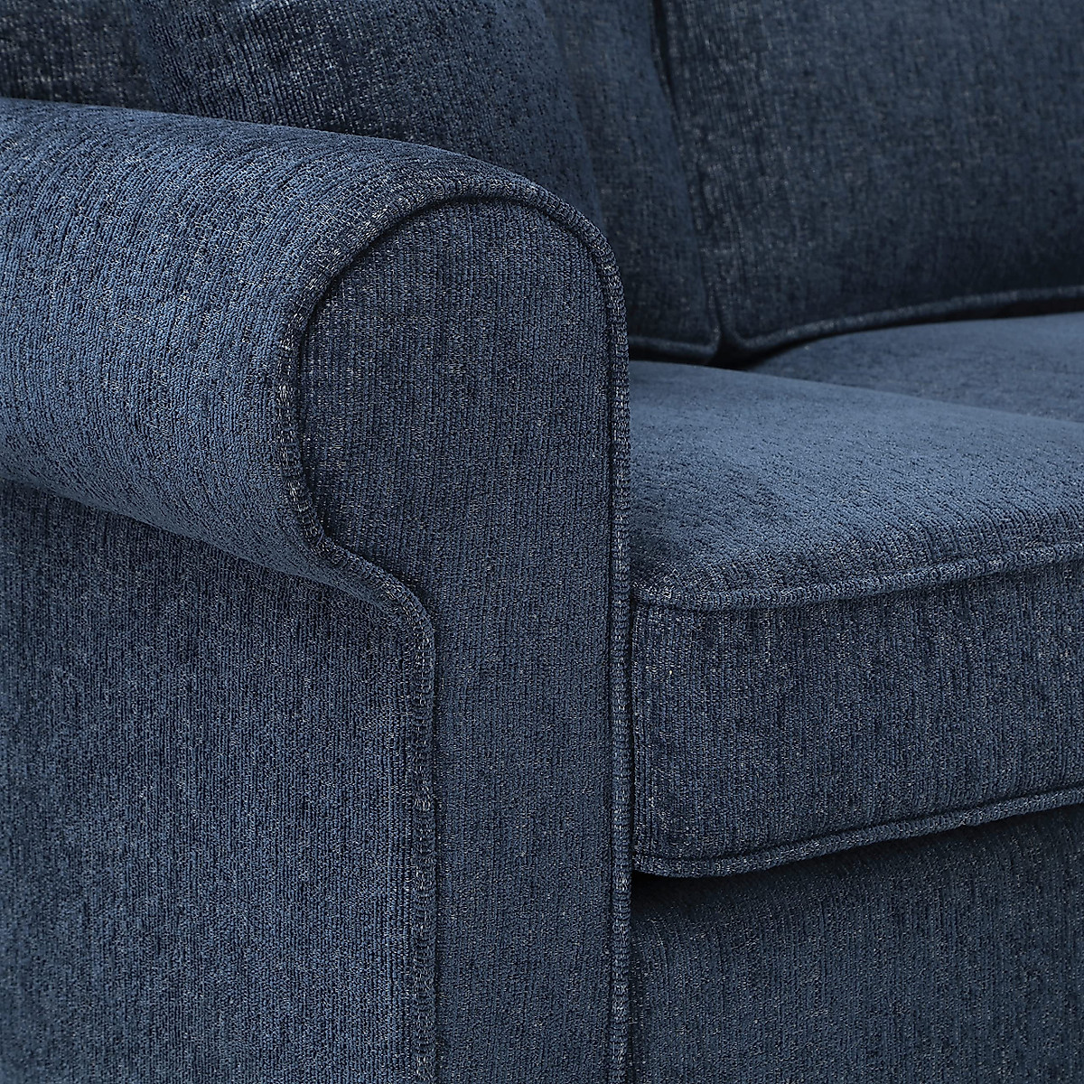 OSP Home Furnishings Rylee Reversible Rolled Arm Sectional Sofa with 2 Pillows and Coffee Finished Legs, Navy Fabric