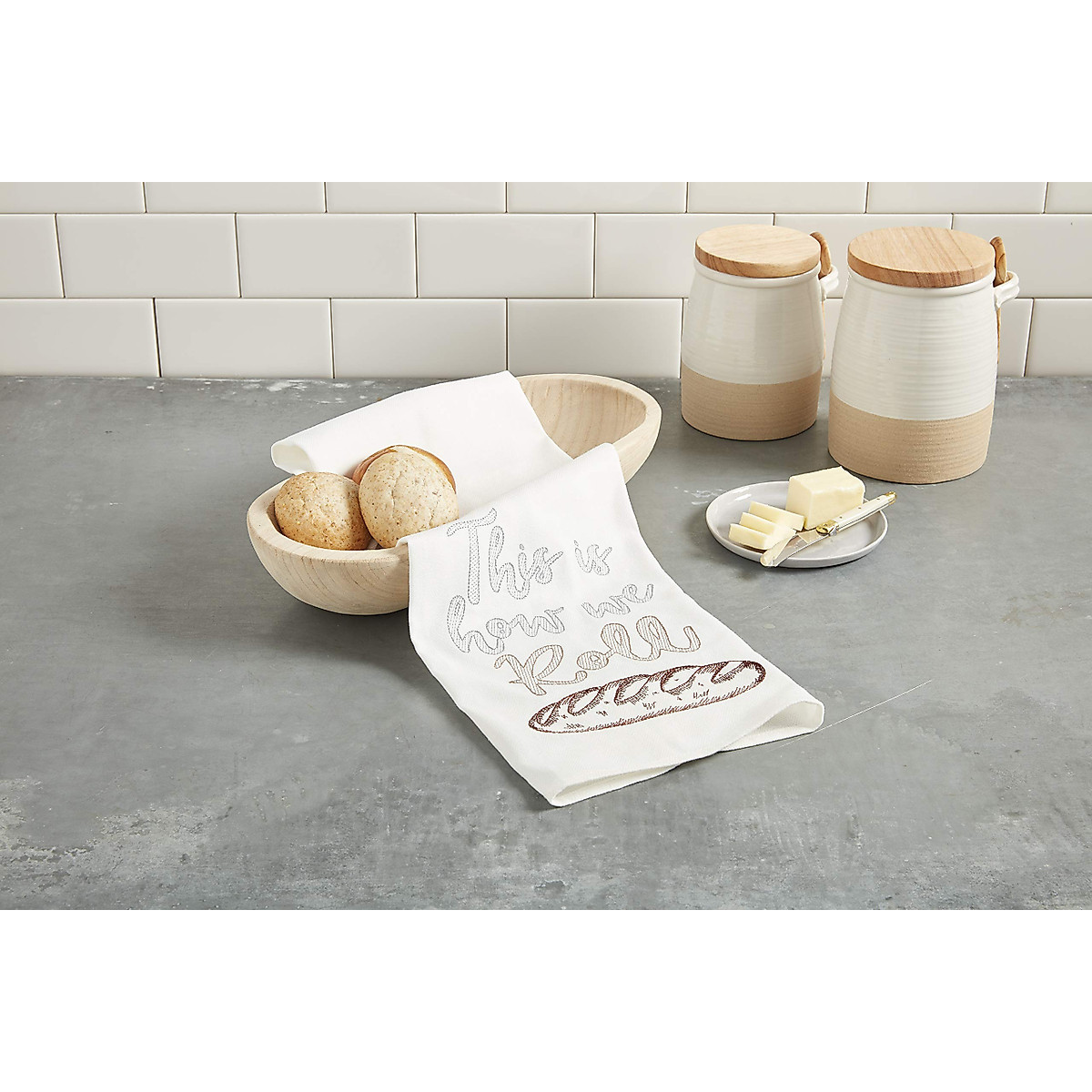 Mud Pie Paulownia Bread Bowl and Towel Set, 2 1/2" x 16" 26" x 16 1/2", Tan