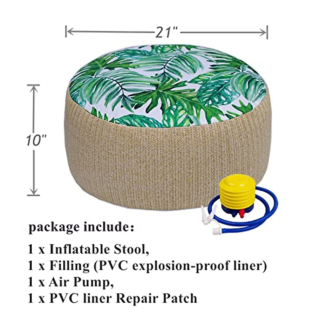 weruisi Woven Inflatable Ottoman with Air Pump D21”x H10” Outdoor Indoor Pouf Patio Footrest Stool with Portable Handle, Round Ottoman for Patio Garden, Camping, Bedroom, Living Room…