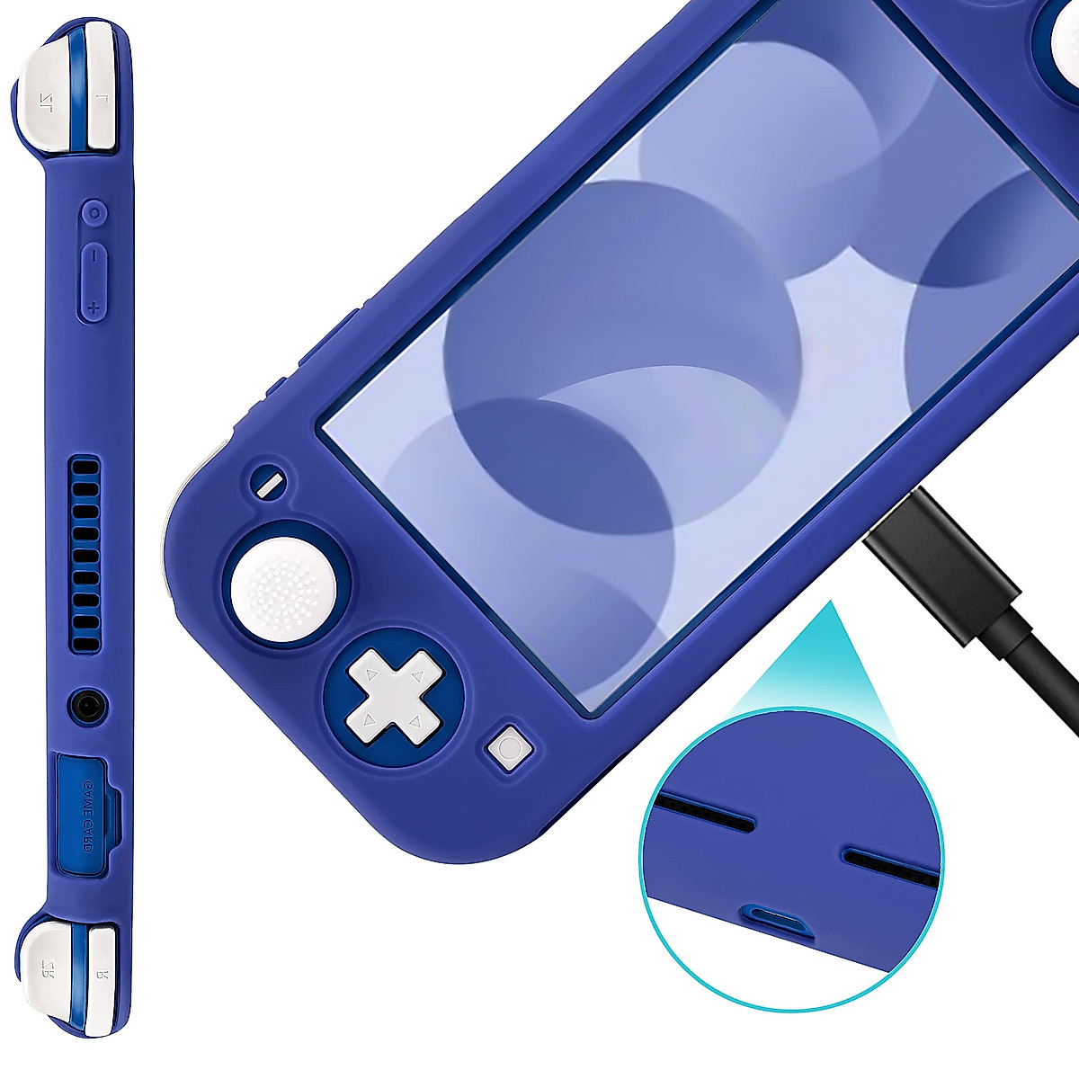 Protective Case for Nintendo Switch Lite, Soft Grip Case Cover with Comfort Ergonomic Handles for Nintendo Switch Lite 2019 [Self Stand][4 Thumb Stick Caps] (Silicone-Blue)