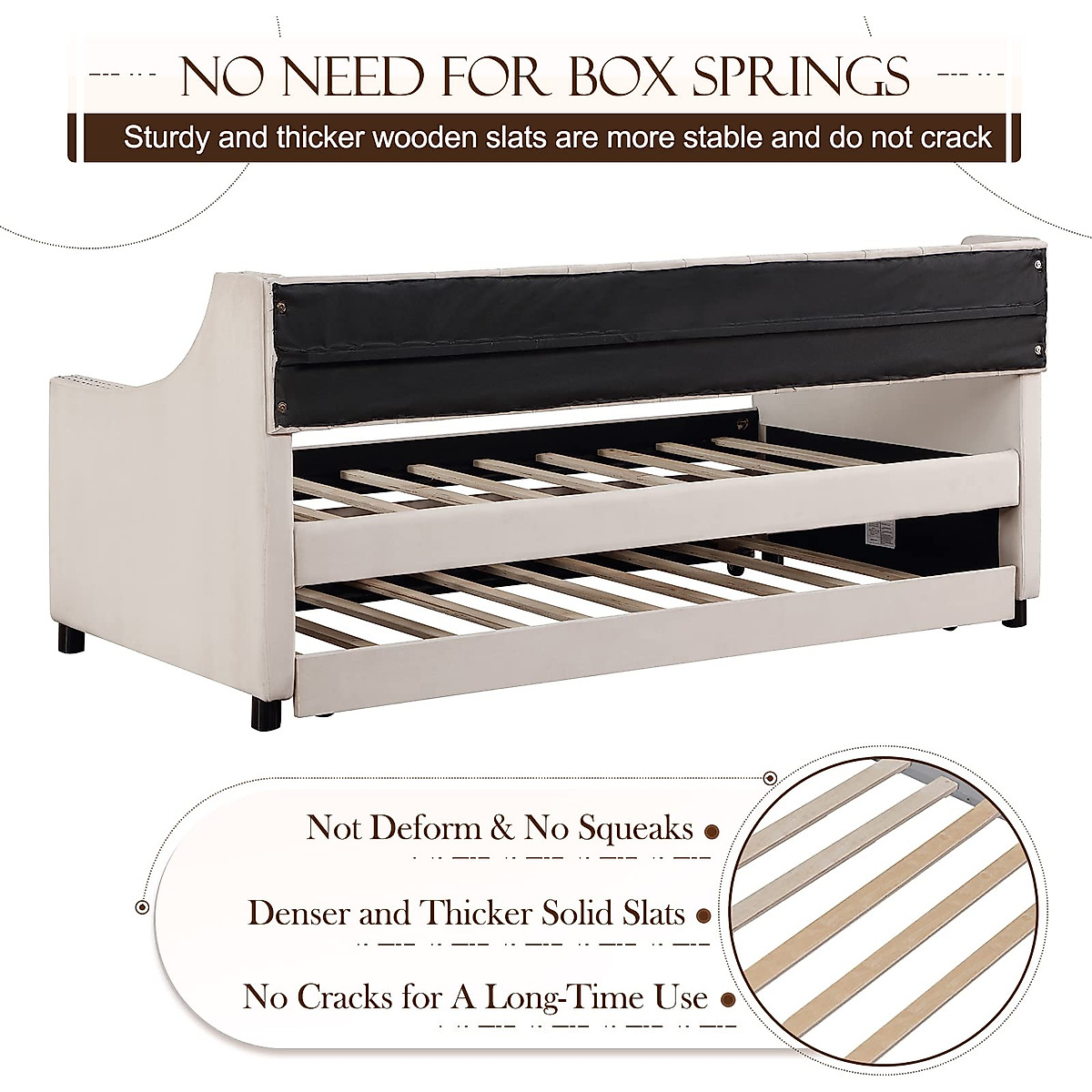 Obuvar Twin Size Daybed with Trundle, Upholstered Velvet Day Bed Frame with Tufted Button, Modern Furniture Sofa Bed for Living Room, Bedroom, Guest Room, Dorm, No Box Spring Needed, Beige