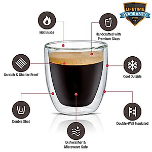 Glass Espresso Cups Set of 4 - Double Walled Espresso Cups 2.6 OZ - Wide Italian Style Clear Doppio Espresso Cup - Double Espresso Cups - Espresso Accessories Small Double Wall Expresso Coffee Cup