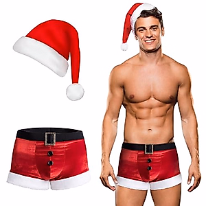 RSLOVE Men's Christmas Lingerie Set Sexy Santa Outfits 2PCS Red Boxers Holiday Briefs Underwear With Hat S