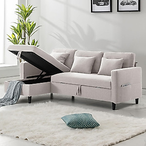 ZAFLY Folding Sofa Bed, Convertible Sectional Sleeper Sofa with Storage Chaise, 91 Inch Pull Out Couch, L-Shape Sofa Couch, Linen Upholstered 2 in 1 Sofa Bed for Living Room Office Apartment - Beige