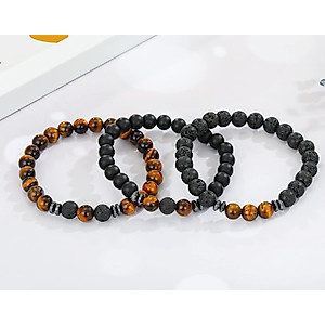 MengPa Mens Beaded Bracelets Matte Lava Rock Volcanic Stone Beads for Women Stretch Bracelet Brown Tiger Eye Fashion Jewelry US4543C