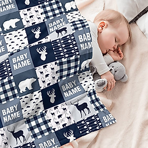 Woodland Deer Personalized Minky Fleece Baby Blanket with Name, Custom Deer Bear Baby Blankets for Boys Kids, Birthday Gifts, Deer Blankets for Infant Newborn, Soft and Warm Navy Blue Blanket