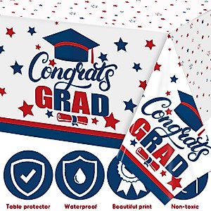 3 PCS Graduation Tablecloth Red Blue Graduation Decorations Class of 2025 Disposable Plastic White Congrats Grad Table Cover Party Supplies 70x43 Inch