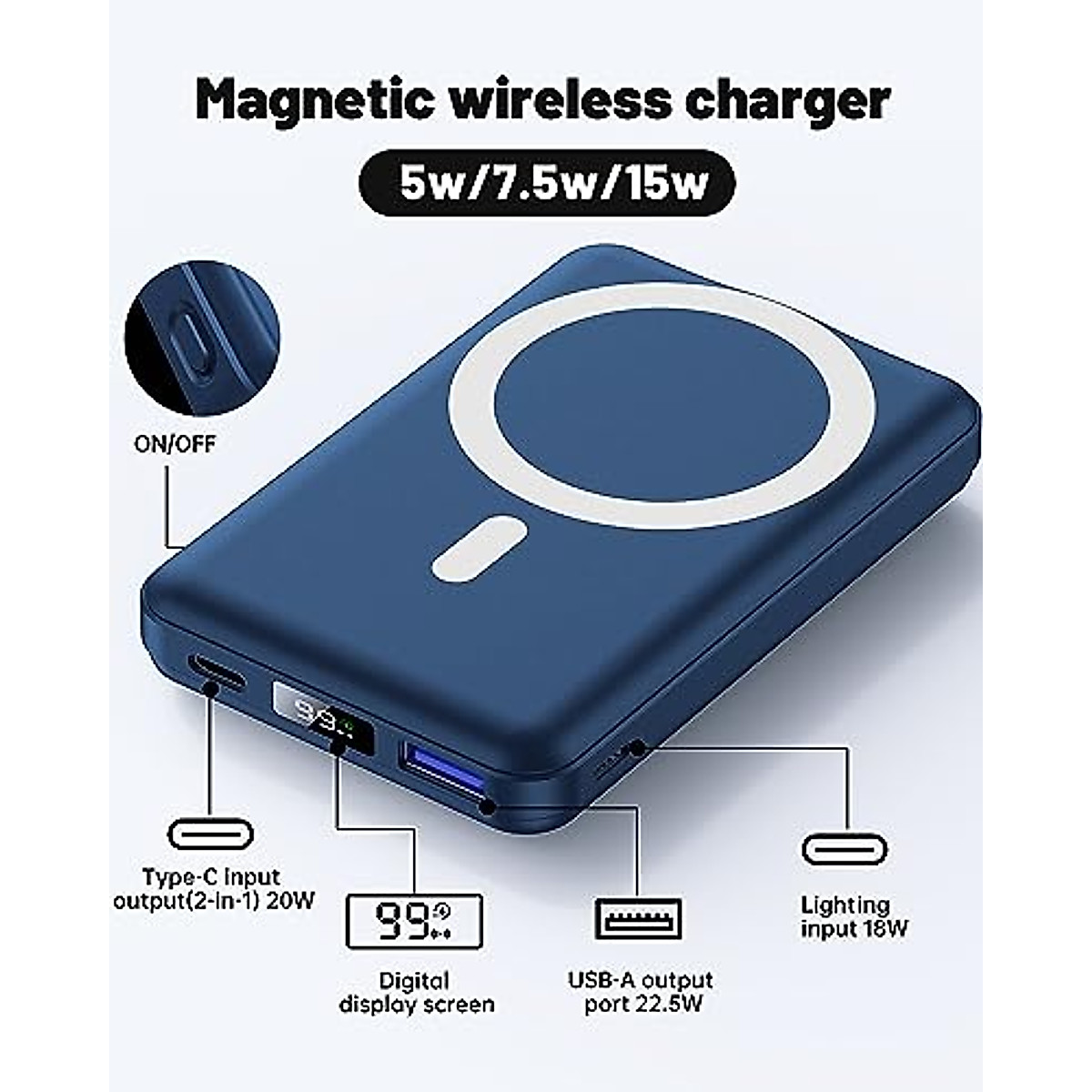 Yiisonger Magnetic Wireless Portable Charger, Foldable 10000mAh Battery Pack with USB-C Cable LED Display, Magnetic Power Bank 22.5W PD Fast Charging for iPhone 15/14/13/Pro/Mini/Pro Max (Blue)