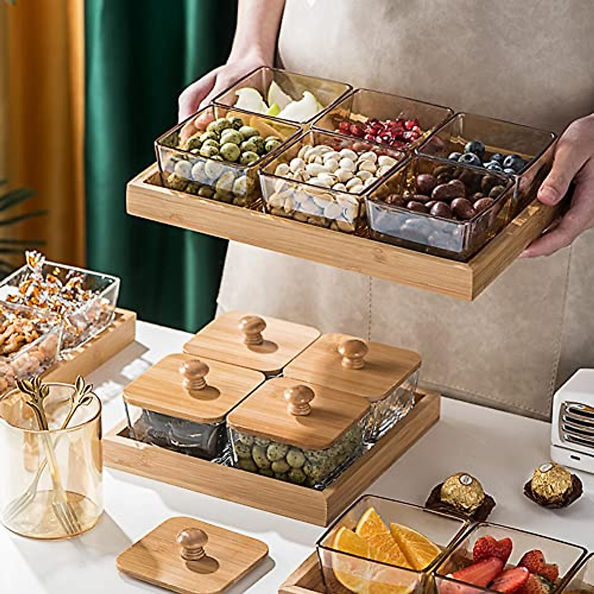 Square Snack Serving Tray,Divided Serving Tray with lid,Household Wooden Divided Serving Tray,Fruit Platter Tray for Parties,Snack Tray with lid,Suitable for Candy,Nuts,dips,Fruits