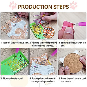 Vcekract Diamond Painting Coasters Kits, 6 Pieces Cat Diamond Painting Coasters with Holder, DIY Diamond Art Coasters with Stickable Cork Bases, Diamond Art Kits for Adults & Kids