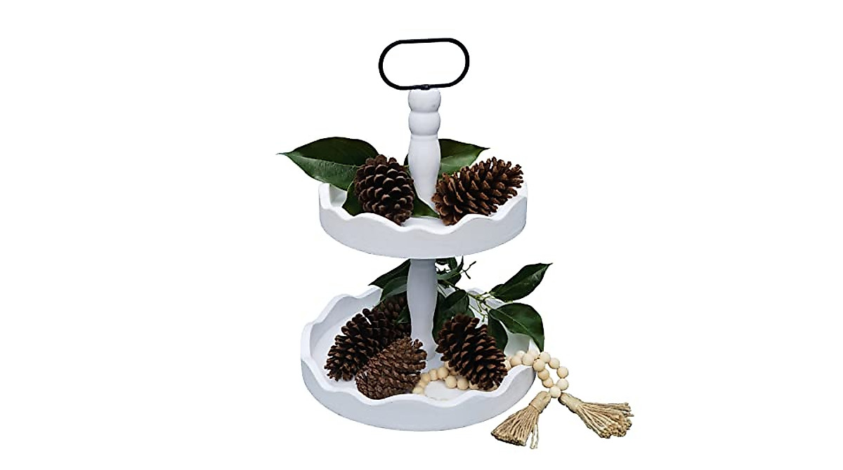 Farmhouse White Wood Two-Tier Tray with Metal Handles | Rustic Decor