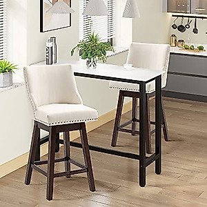 HOMCOM 28" Swivel Bar Height Bar Stools Set of 2, Armless PU Leather Upholstered Barstools Chairs with Nailhead Trim and Wood Legs, Cream White