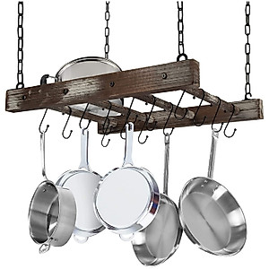 J JACKCUBE DESIGN Hanging Pot Rack Pan Ceiling Wall Mounted Hanger Multi- Purpose Rustic Wood and Metal Cookware Kitchen Storage Organizer With Utility 16 Hooks - MK603B