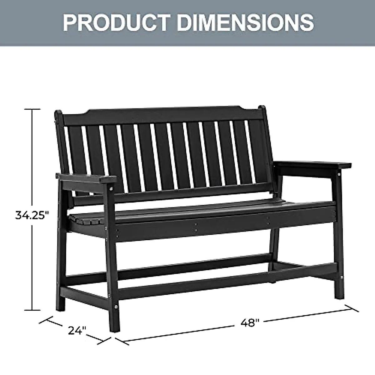 Laurel Canyon 48" Outdoor Bench HDPE Recycled Plastic Patio Garden Bench for Porch, Yard, Park, Lawn, Black