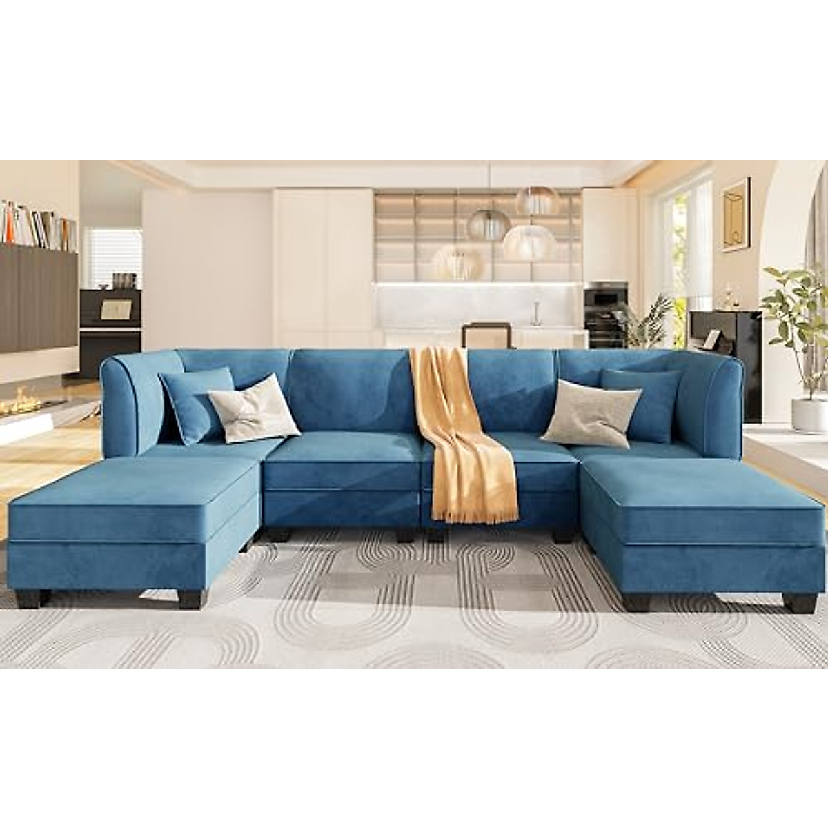 Shintenchi Reversible Modular Sectional Sofa Couch,116" Velvet U-Shaped Sectional Couch Sofa with Ottomans, 6 Pieces Modular Large Sectional Sofa Set for Living Room,Blue