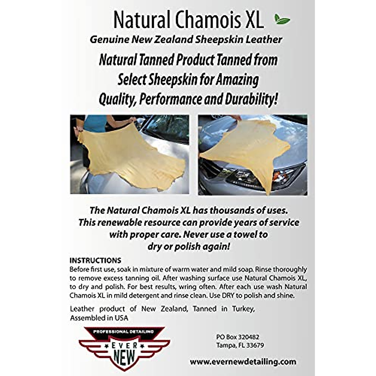 Natural Chamois XL Mega Size (6.5 sq ft.) by Ever New Automotive® Premium New Zealand Sheepskin for Car Boats and RV! Amazing Renewable Resource! …