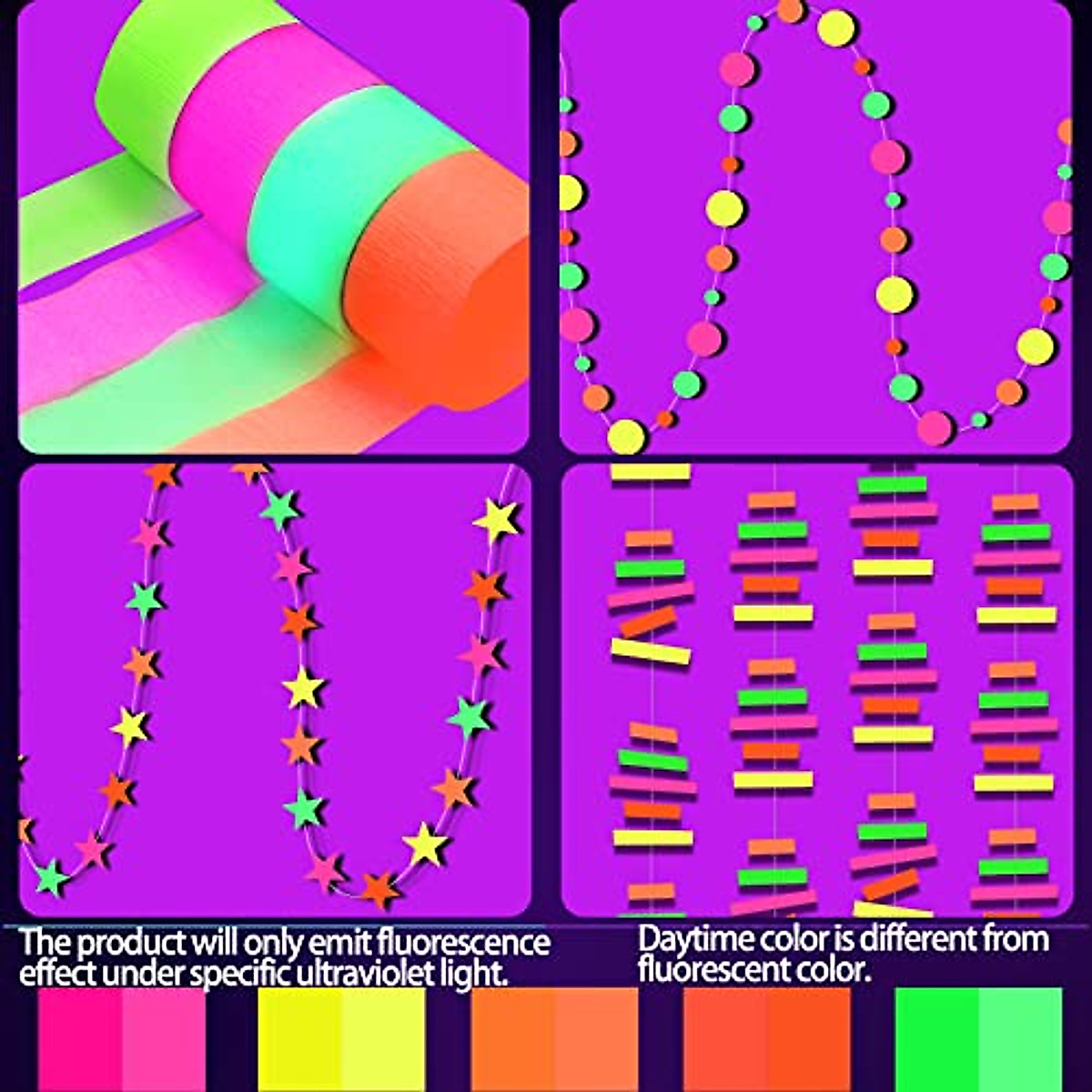Neon party Supplies Neon Streamers Paper Glow Party Garland Hanging Decorations UV Neon Glow Balloons for Birthday, Christmas, Wedding, Black Light Party Supplies