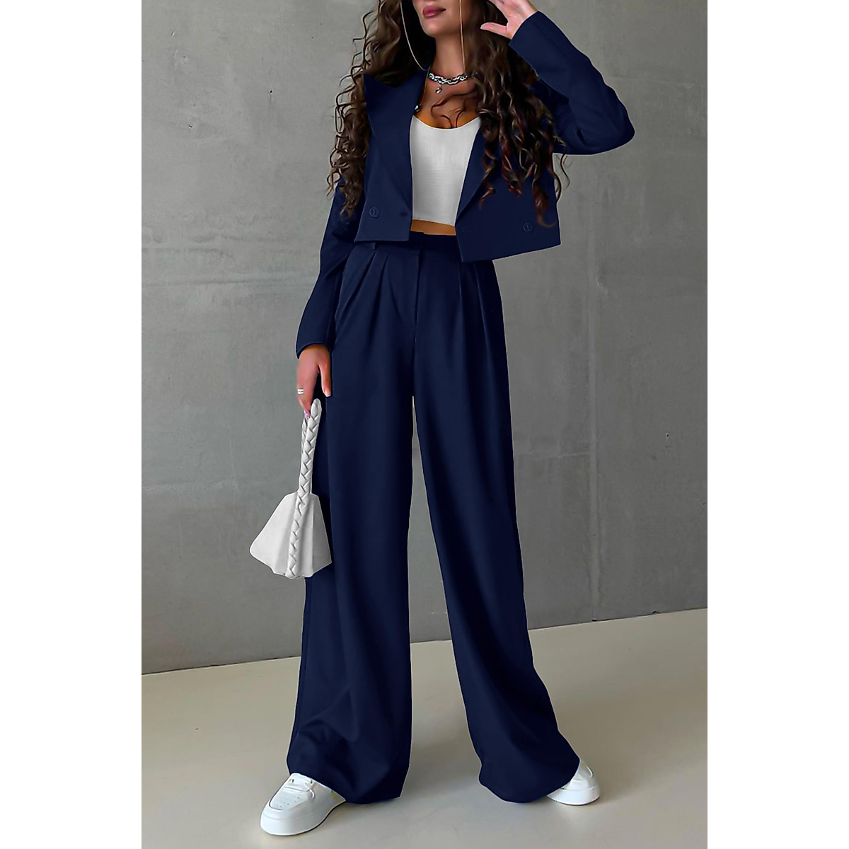 PRETTYGARDEN Women's 2 Piece Casual Outfits Cropped Blazer Jackets High Waisted Wide Leg Work Pants Suit Set (Navy,Large)