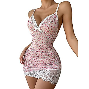 SOLY HUX Women's Floral Print Lace Trim Deep V Neck Babydoll Lingerie Chemise Nightgown with Thong 2 Piece Pink Floral M