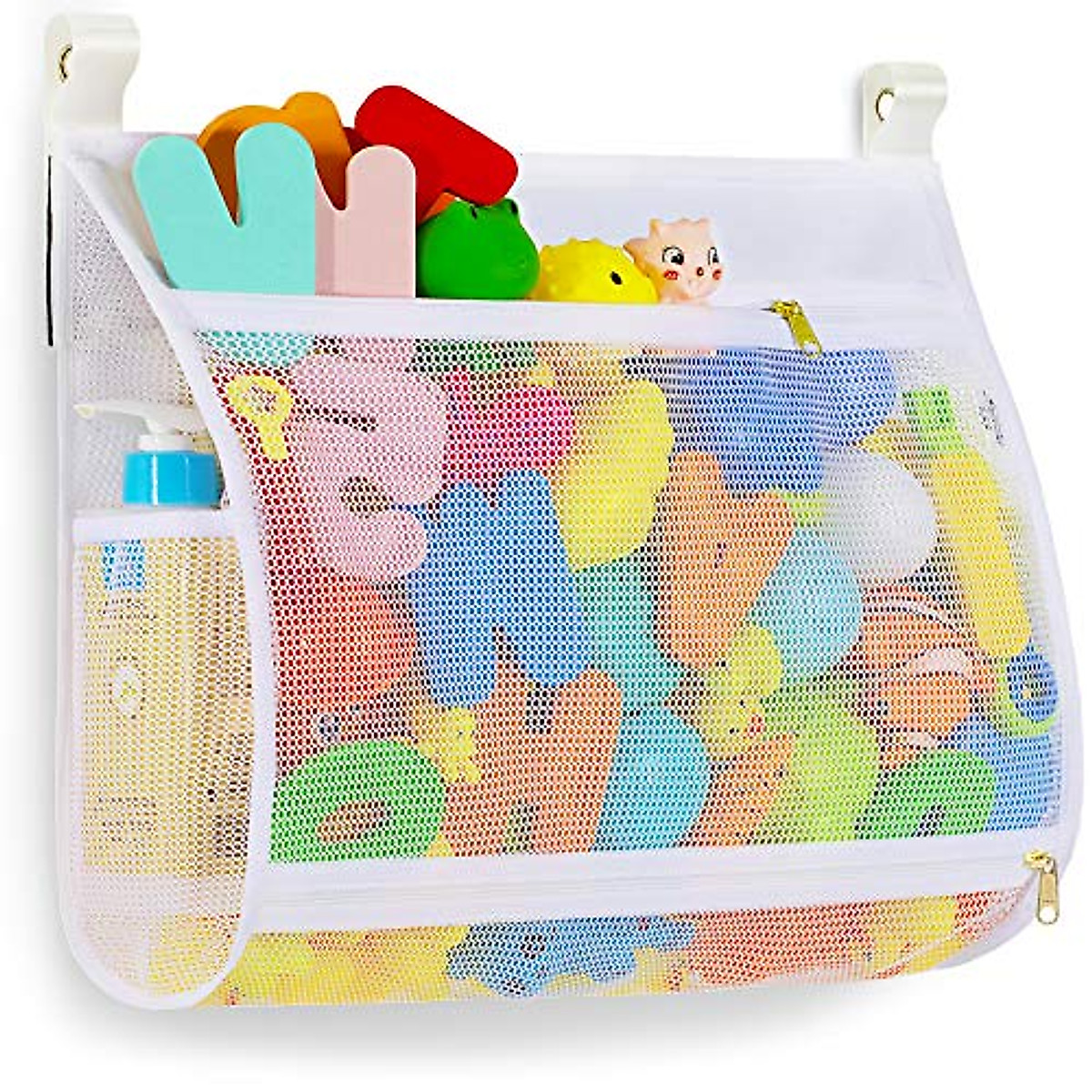 Bath Toy Organizer With Machine Washable, Multiple-suspension Bath Toy Holder, Large Capacity, 2 Side Bags +4 Strong Hooks (1 Large, White)