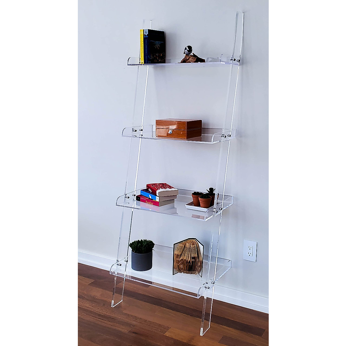 Acrylic Ladder Bookcase – Large Modern Clear Leaning Floating Wall Bookshelf - Standing Decor Display Unit for Open Shelving, Organizer, or Storage in the Living Room, Office, Bedroom, or Bathroom