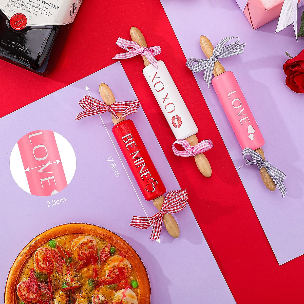 CHENGU Valentines Tiered Tray Decor 3 Pieces Valentine's Day Rolling Pin Decor Farmhouse Handmade Decor Tiered Tray Decoration Wood Rolling Pin Farmhouse Valentine's Day Decor (Romantic Style)