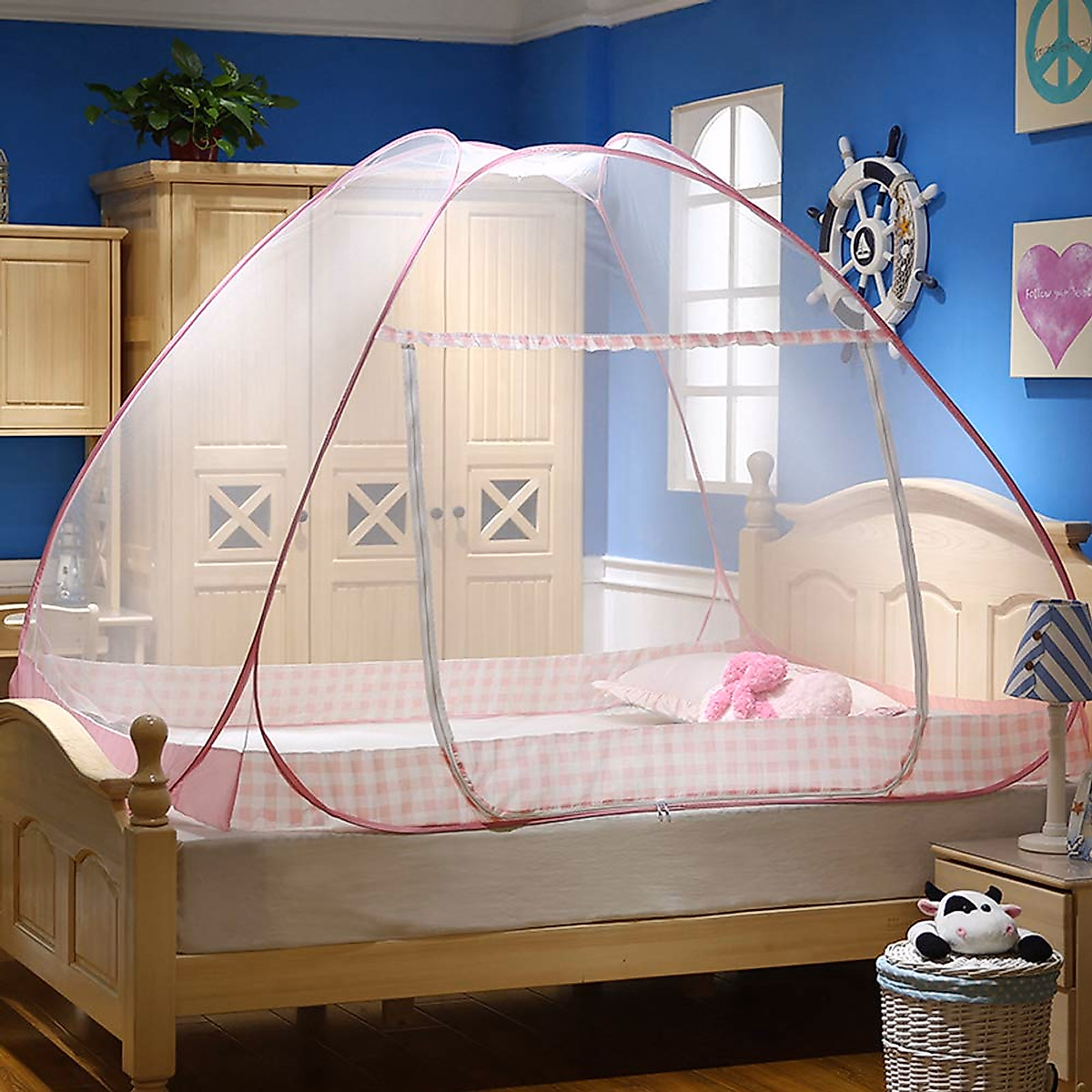 RuiHome Folding Mosquito Net Tent with Bottom Cover Portable Pop Up Bed Canopy for Bedroom Students College Dorm (39x79x39 inches, Pink)