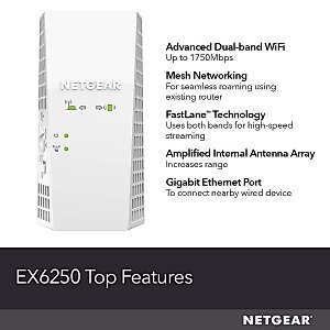 NETGEAR Wi-Fi Mesh Range Extender EX6250 - Coverage up to 2500 sq.ft. and 25 devices with AC1750 Dual Band Wireless Signal Booster & Repeater (up to 1750Mbps speed), plus Mesh Smart Roaming (Renewed)